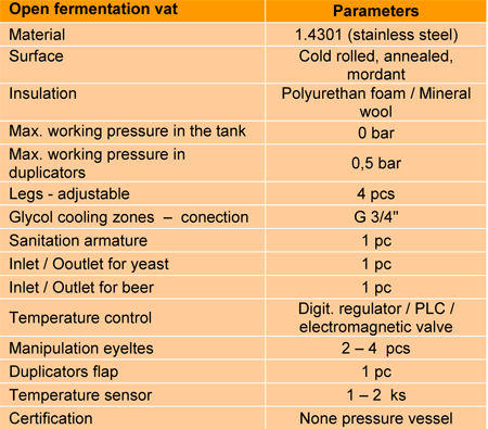OFV | Open fermentations vats - Technical parameters - CBS